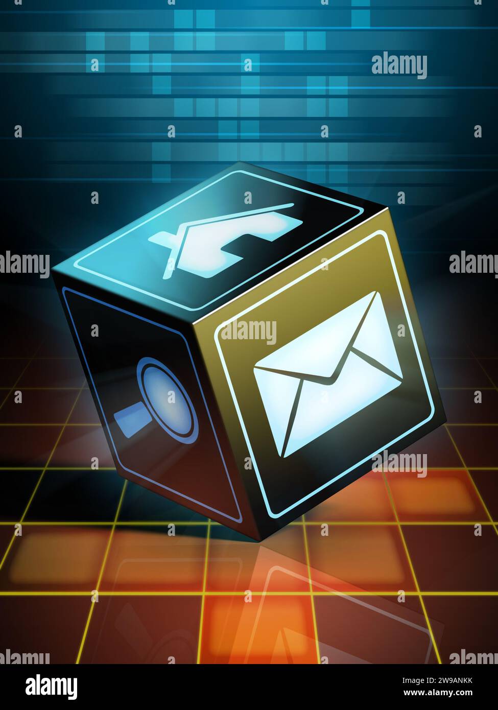 A shiny black cube with internet related icons on its faces. Digital ...