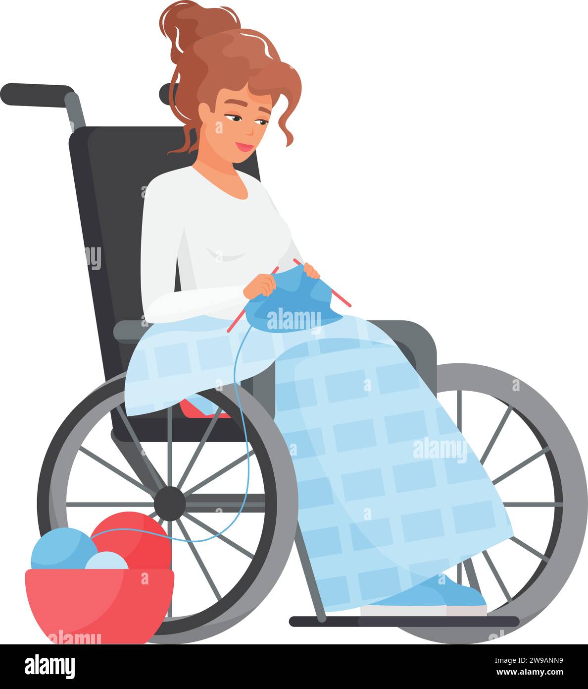 Woman in wheelchair knitting. Young lady with limited mobility leisure ...