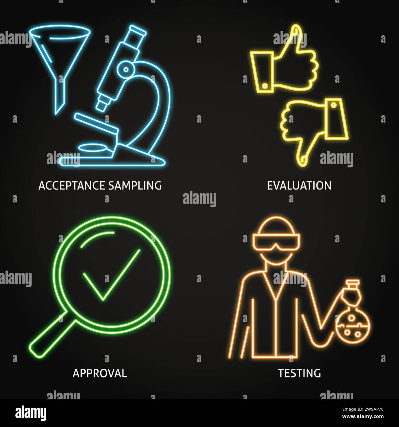 Production control and lab testing neon icon set. Vector illustration ...