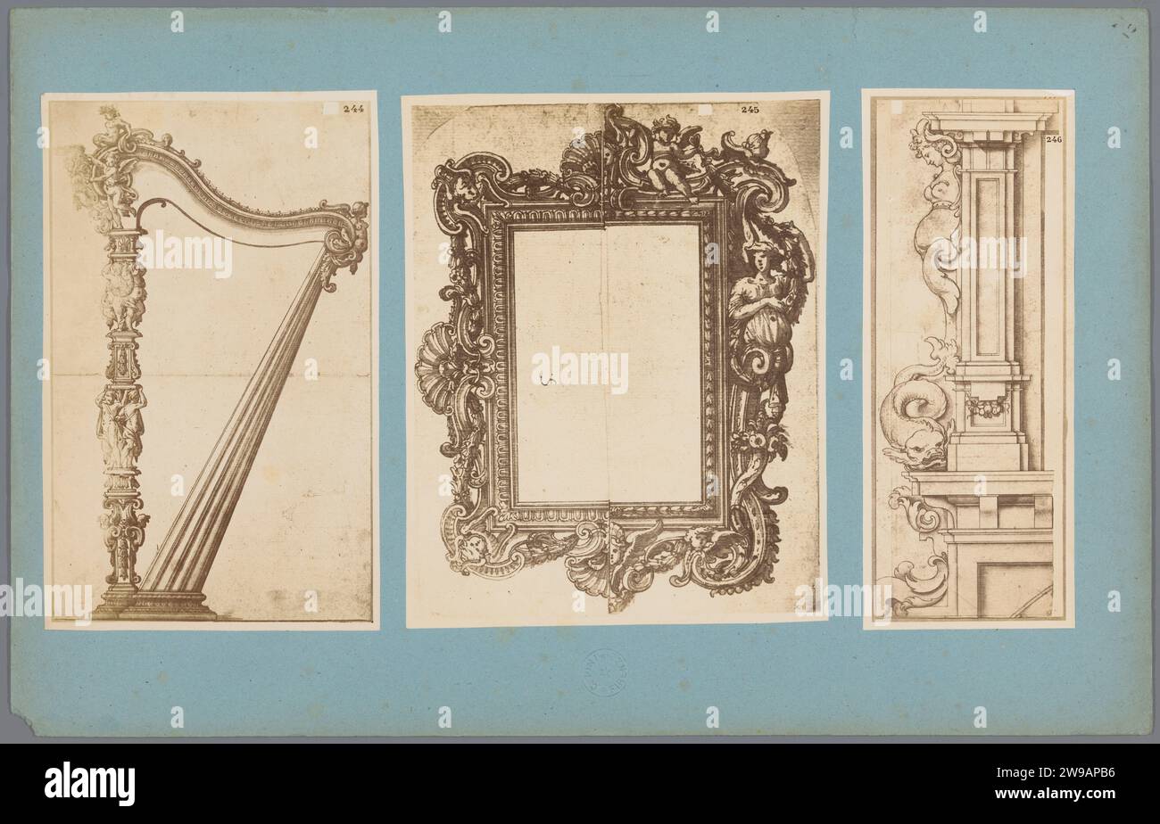 Three photo productions of two prints and a drawing of ornaments, c ...