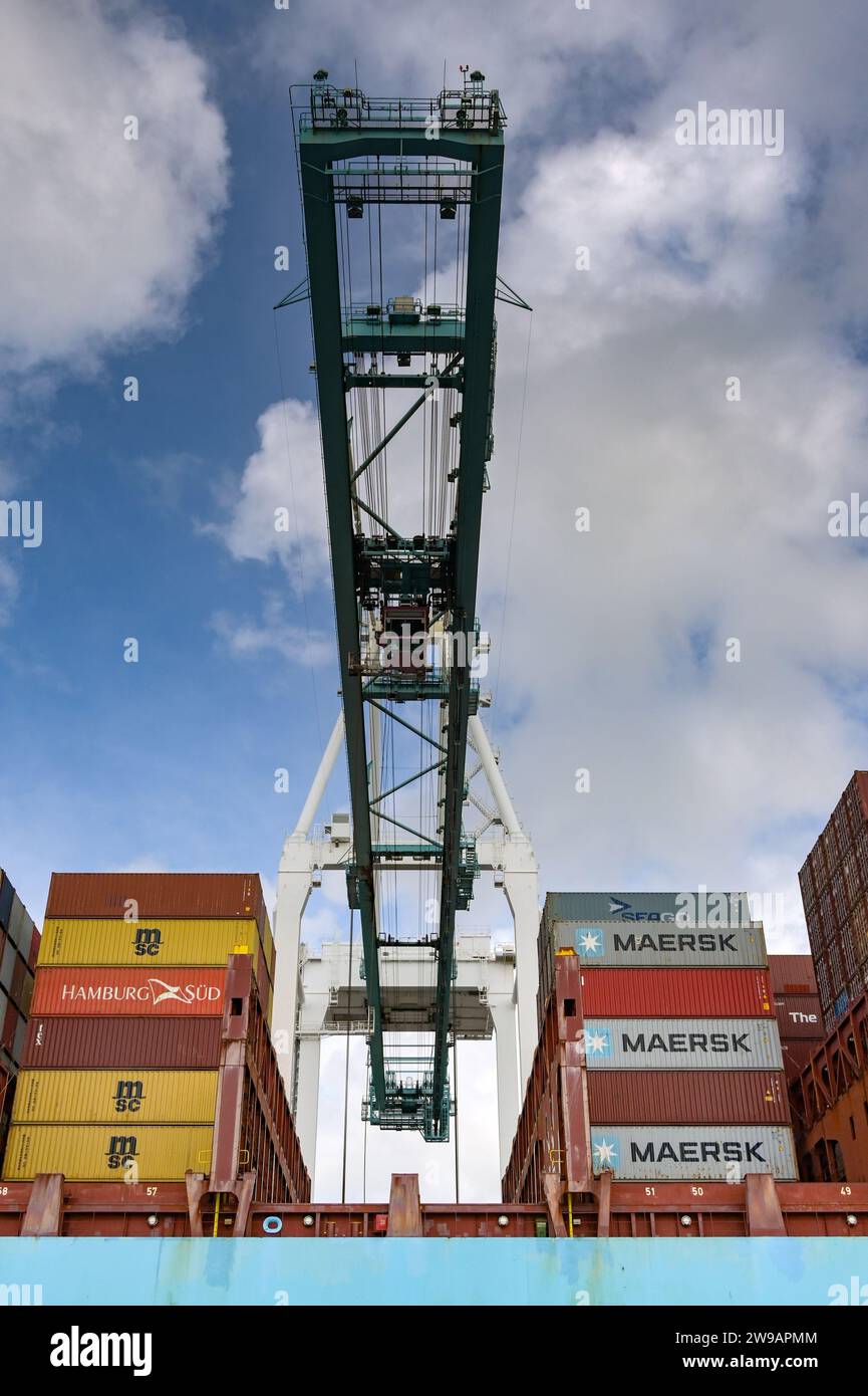 Miami, Florida, USA - 1 December 2023: Dockside crane with shipping ...