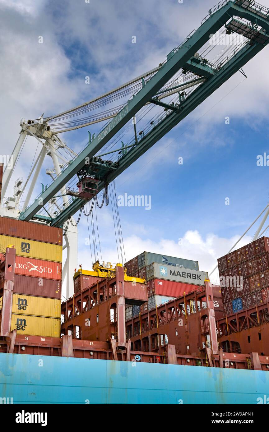 Miami, Florida, USA - 1 December 2023: Dockside crane with shipping ...
