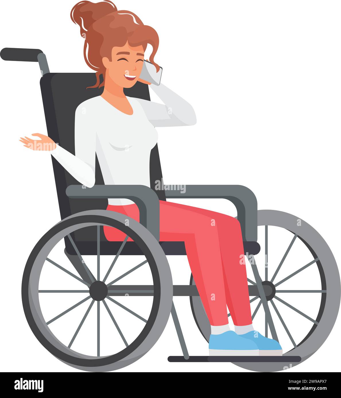 Woman in wheelchair talking on phone. Young lady with limited mobility ...