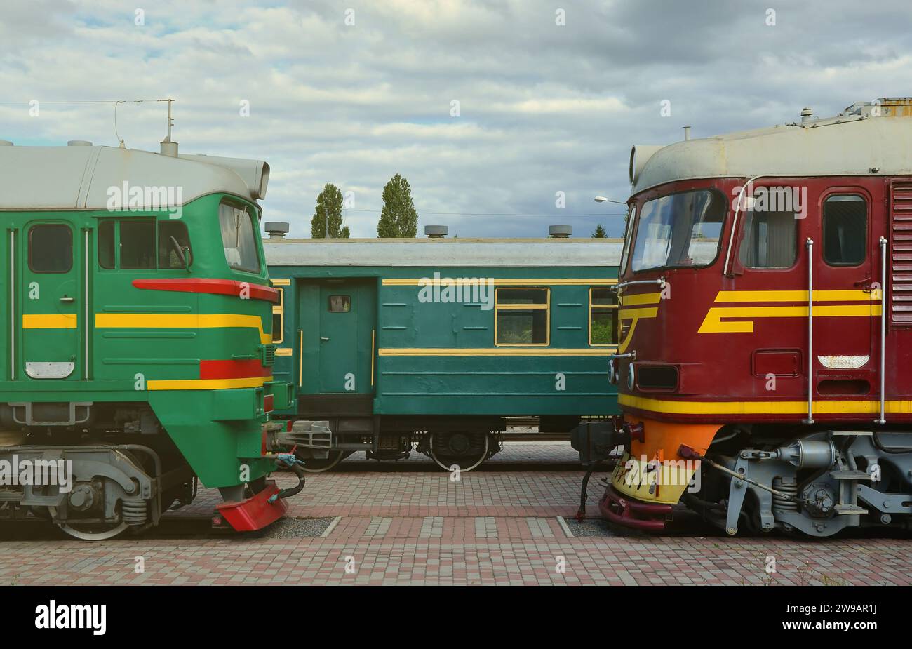 Cabs of modern Russian electric trains. Side view of the heads of ...