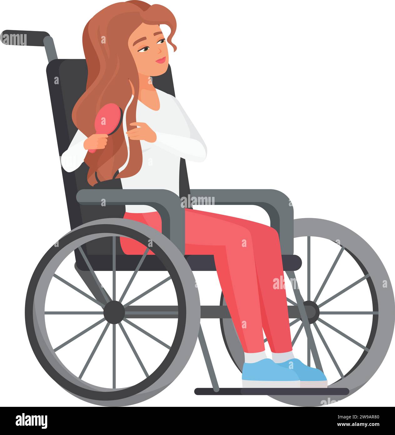 Woman in wheelchair combing her hair. Hygiene routine of lady with ...