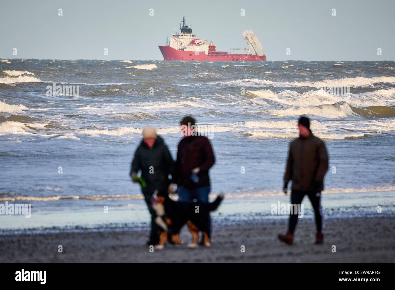 The salvage ship Assister sails along Blokhus Strand on the West Coast ...