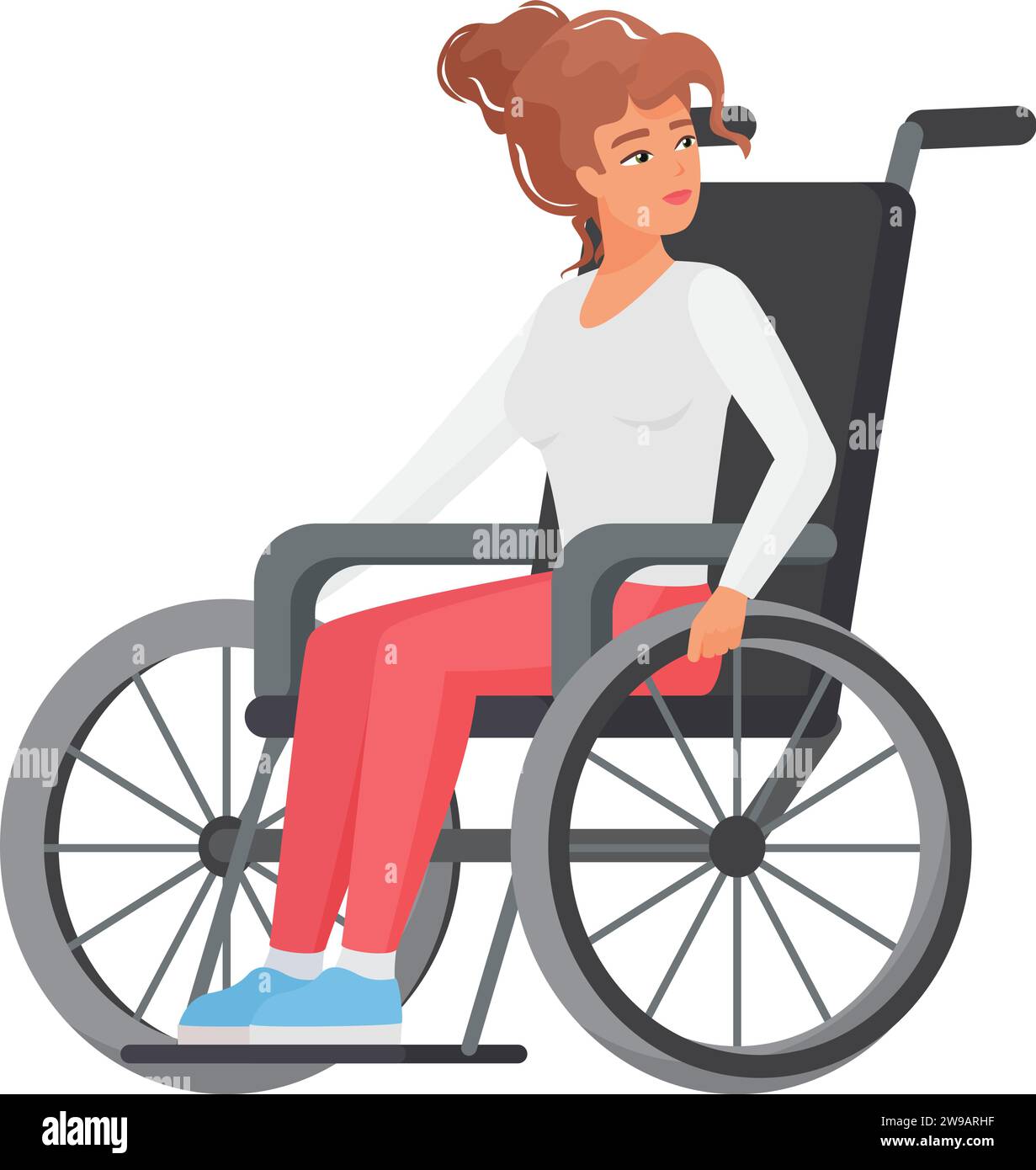 Woman in wheelchair looking around. Young lady riding in a wheelchair ...