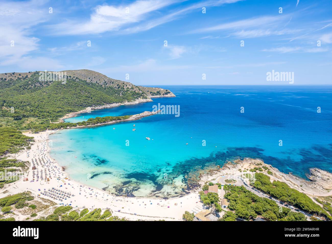 Aerial view of Cala Agulla and beautiful coast at Cala Ratjada ...