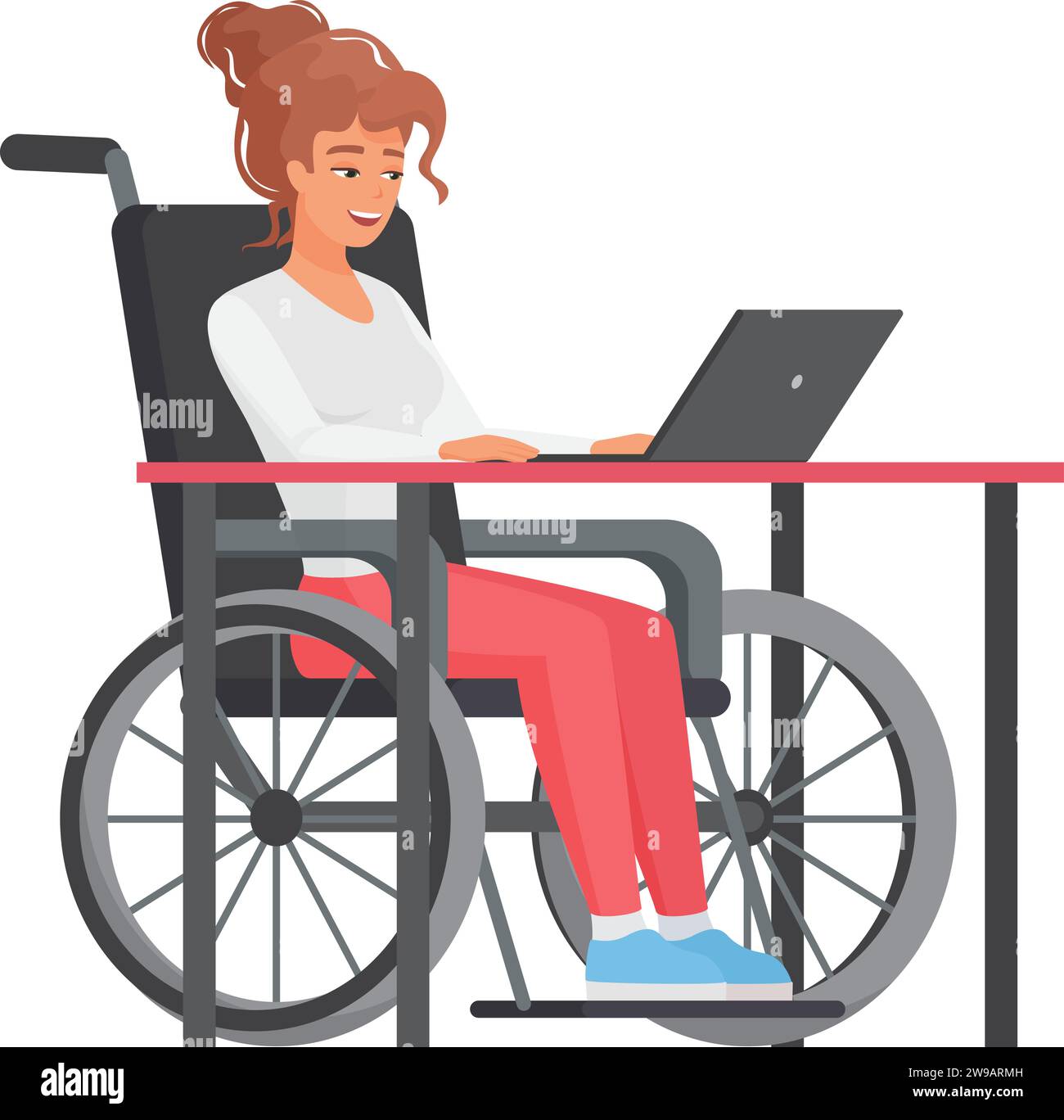 Woman in wheelchair working at laptop. Lady with limited mobility works ...
