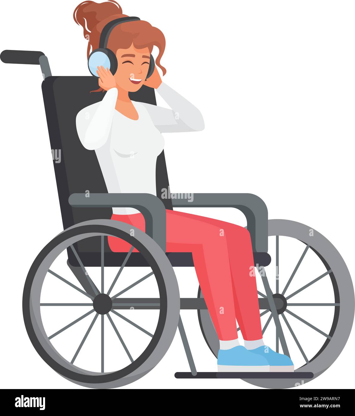 Woman in wheelchair with headphones. Lady with limited mobility ...