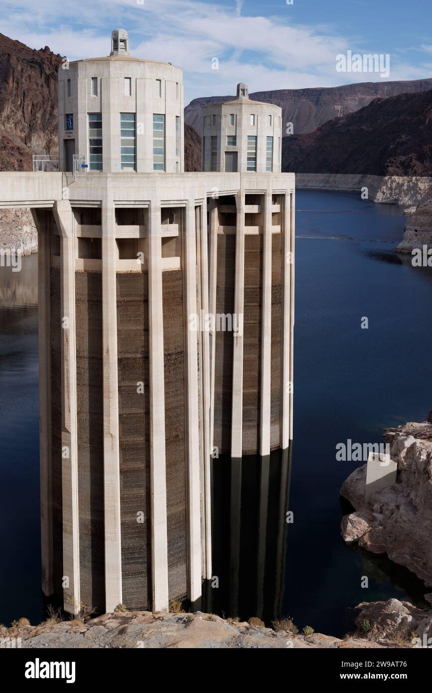 A general view of intake towers of Hoover Dam in Nevada, United States ...