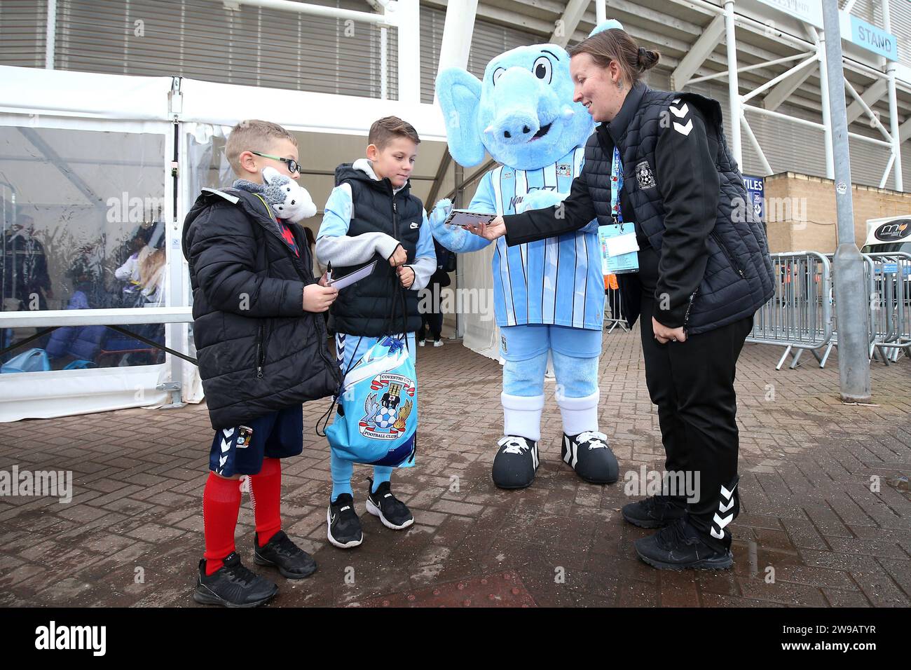 Coventry City fans with mascot Sky Blue Sam outside the stadium before ...