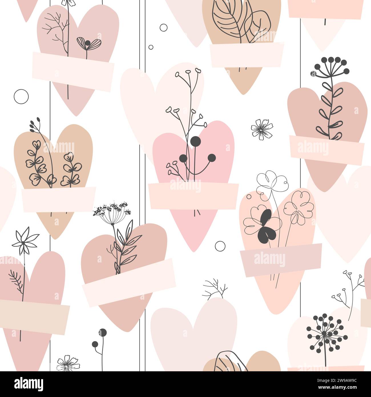 Taped hearts with dried plants seamless pattern on white background ...