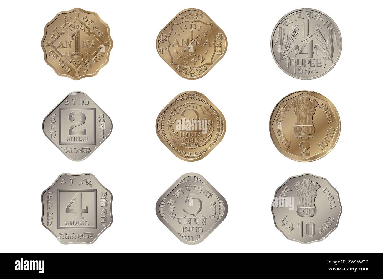 Set Rupees coin of India. Coin side isolated on white background ...