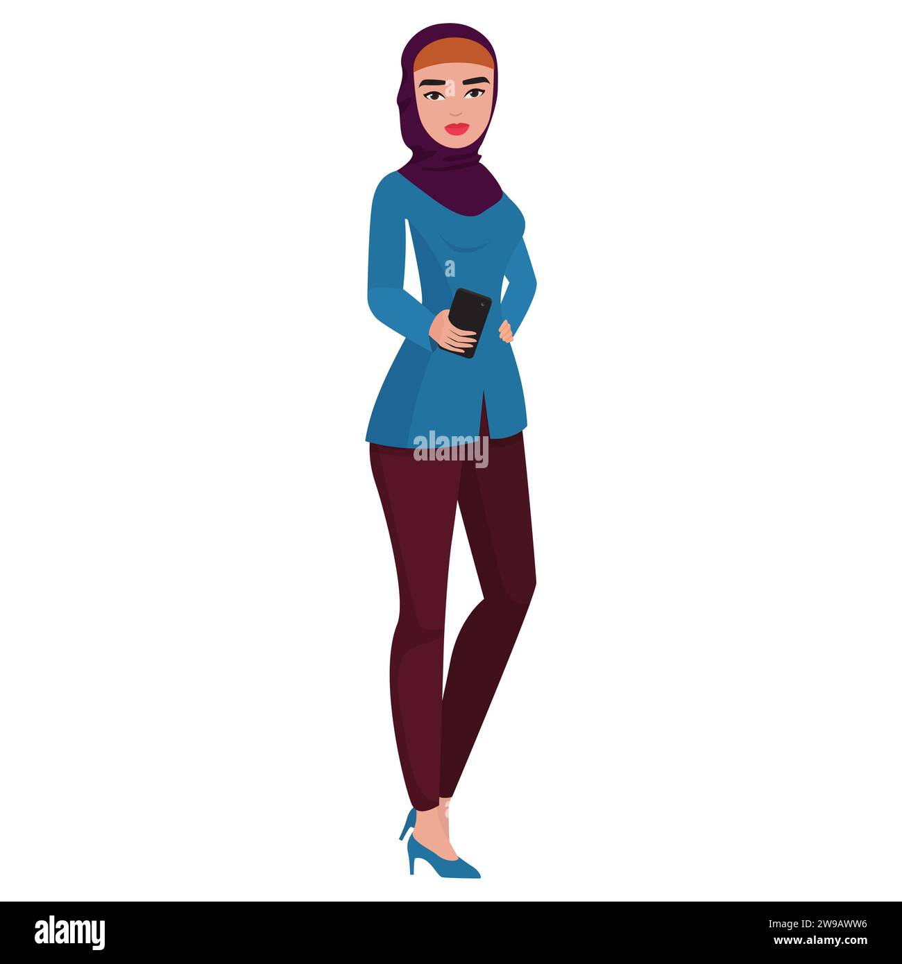 Muslim businesswoman with smartphone. Arab female office worker cartoon ...
