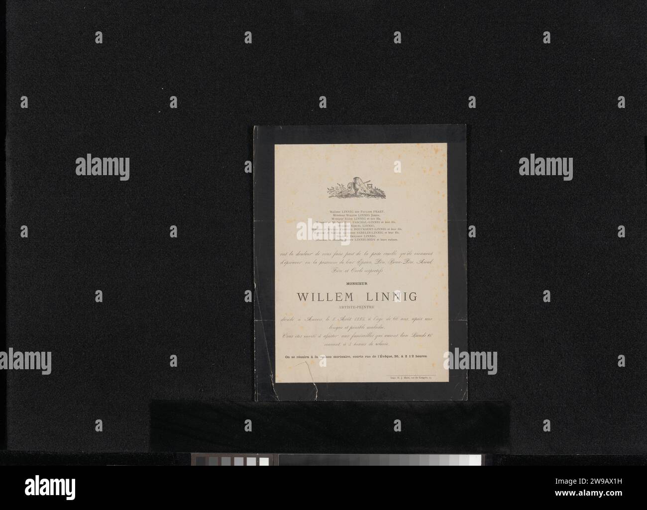 Death report on Willem Linnig (I), B.J. Mees, 1885 Antwerp paper ...