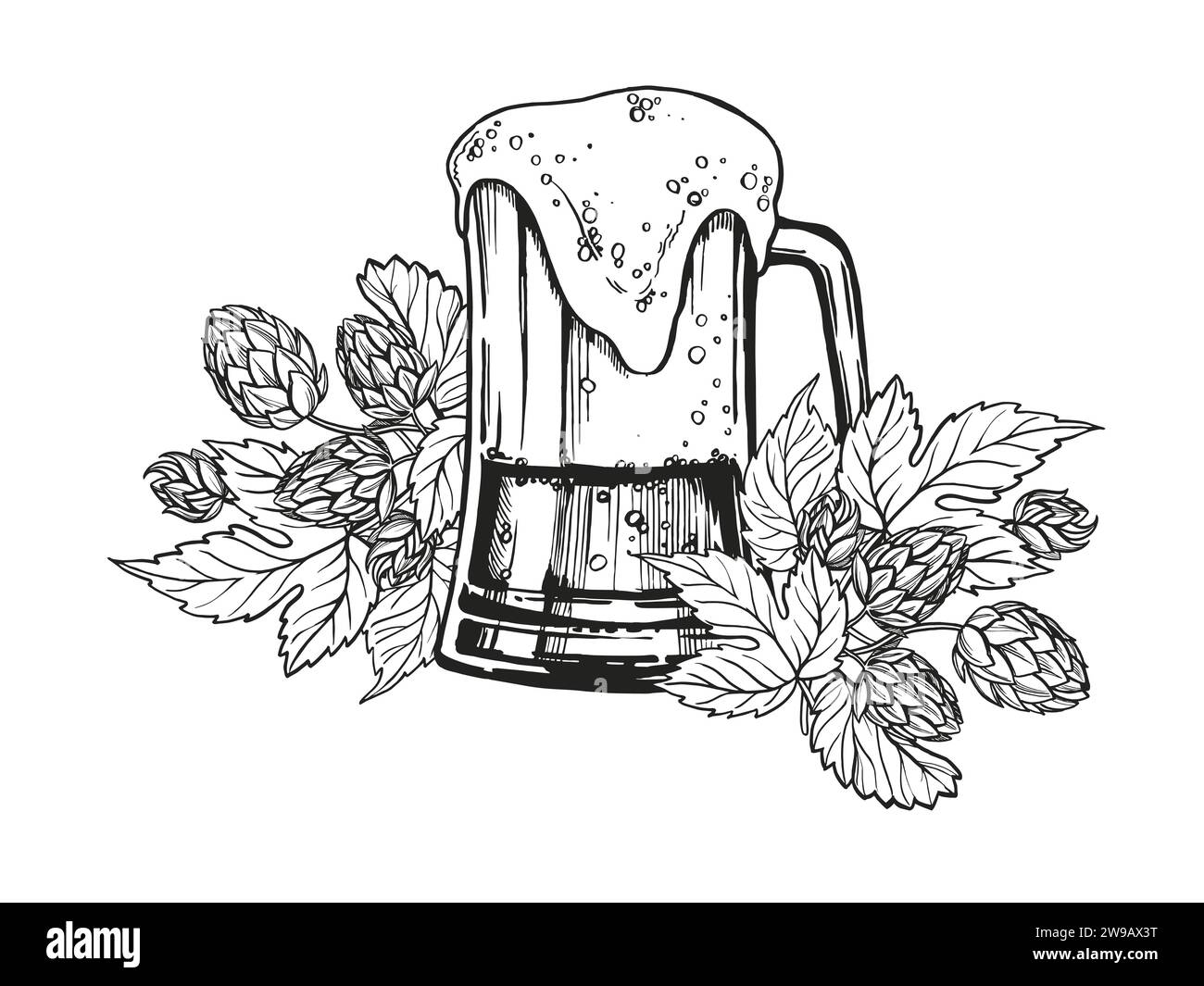Hand drawn vector sketch of full beer glass with foam and hop plant ...