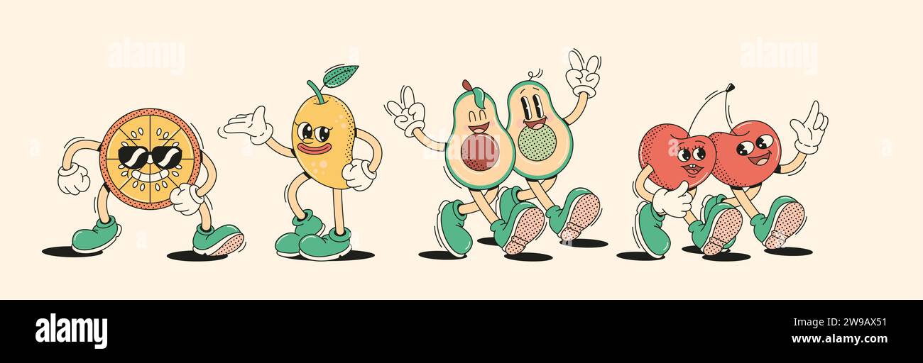 Walking exotic fruits and cherries characters in retro cartoon style ...