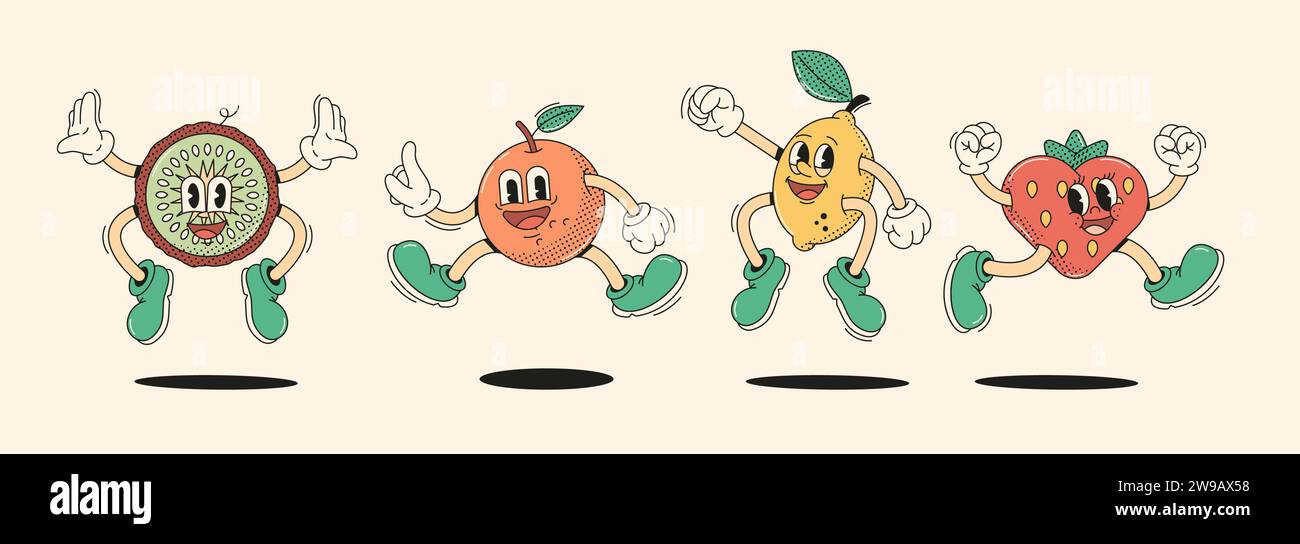 Jumping fruits and strawberry characters in retro cartoon style vector ...
