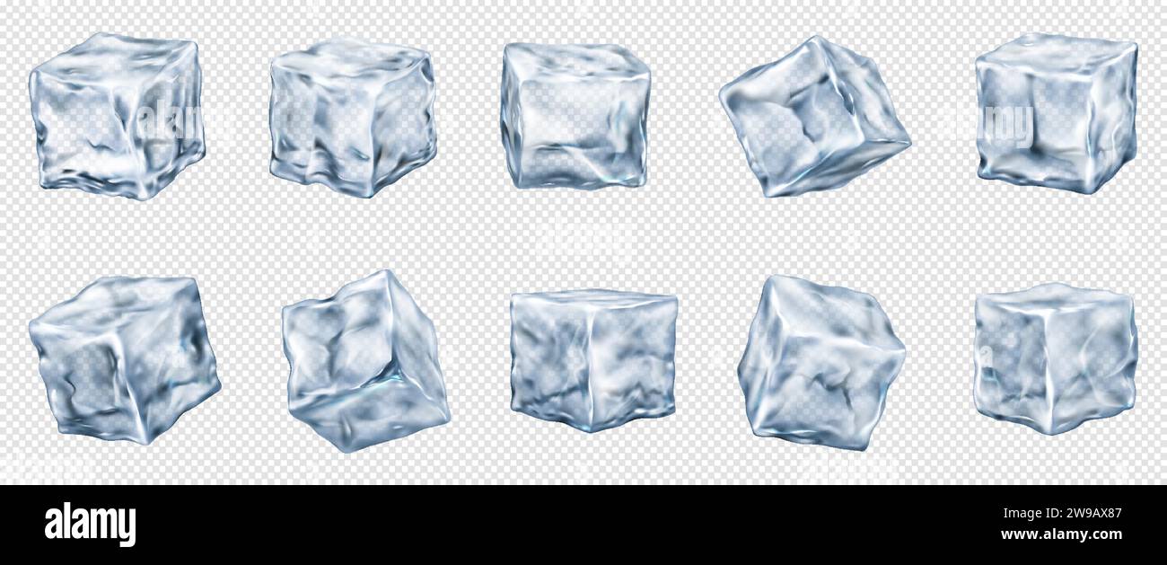 Clear ice cubes realistic vector illustration set. Refreshing drinks ingredients. Frozen water ...