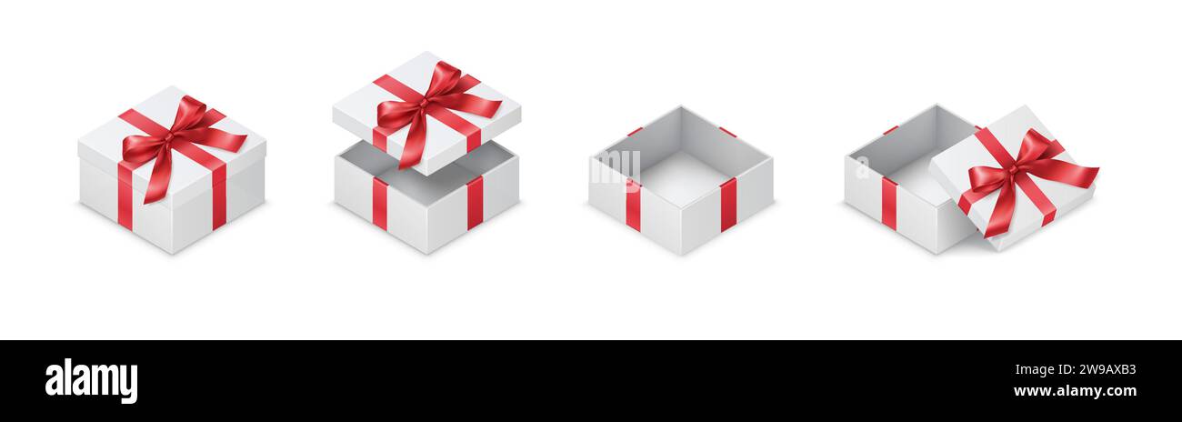 Square gift boxes with tied color bows realistic vector illustration ...