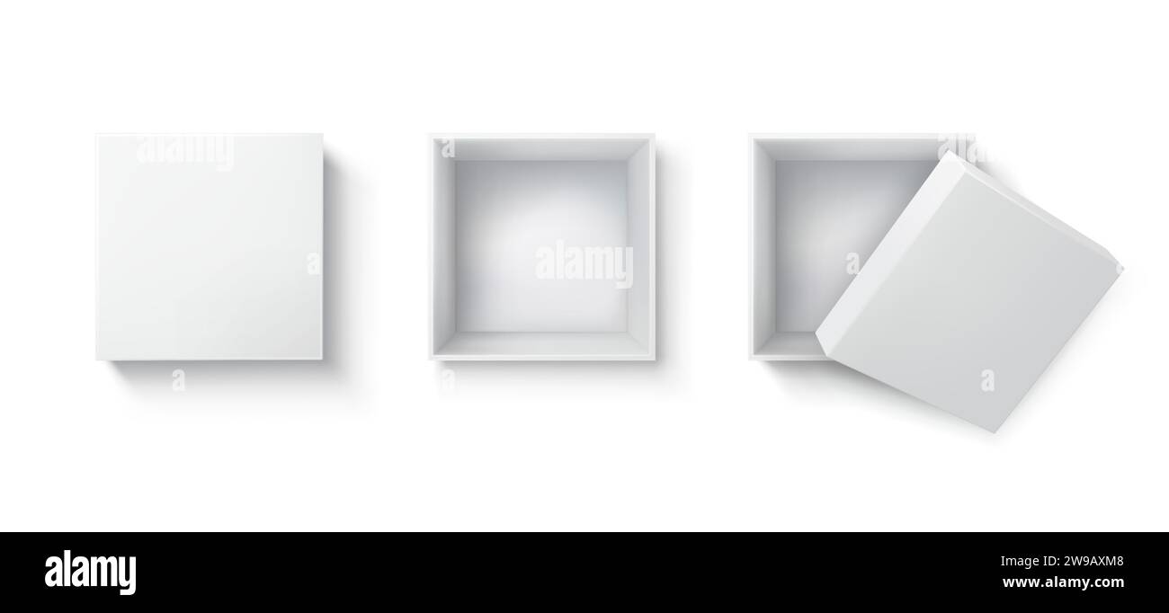 Square light gift boxes realistic vector illustration set. Closed and ...