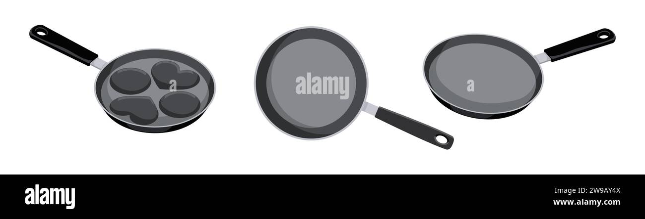 Frying pans color vector icon set. Cooking utensils for food roasting ...