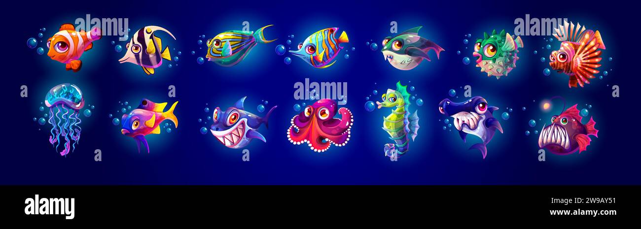 Tropical sea fishes and creatures color vector icon big set. Underwater ...