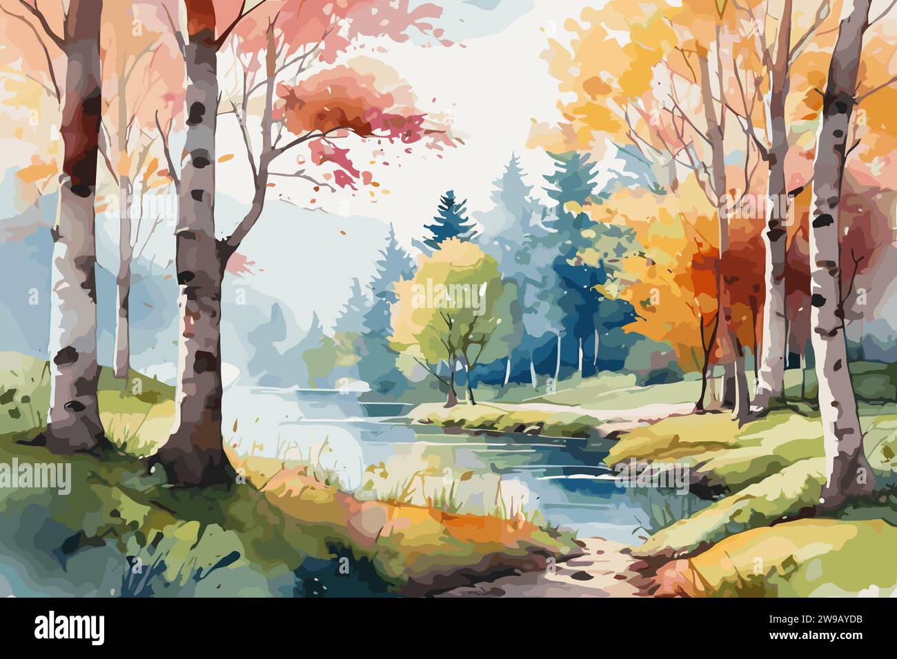 Vintage watercolor painting of forest river Stock Vector Image & Art ...