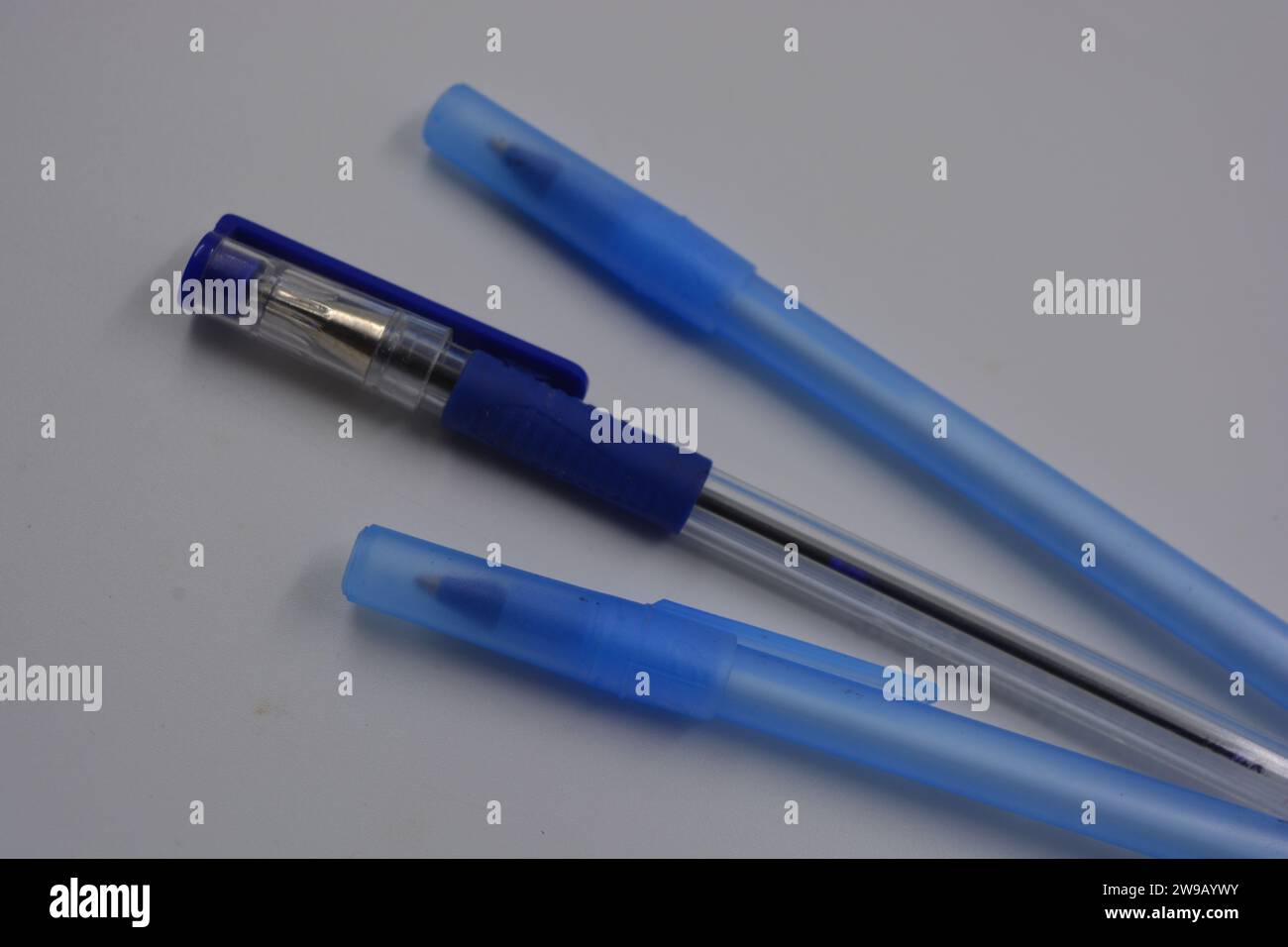 Stationery, office stationery, two plastic blue pens and one pen blue ...