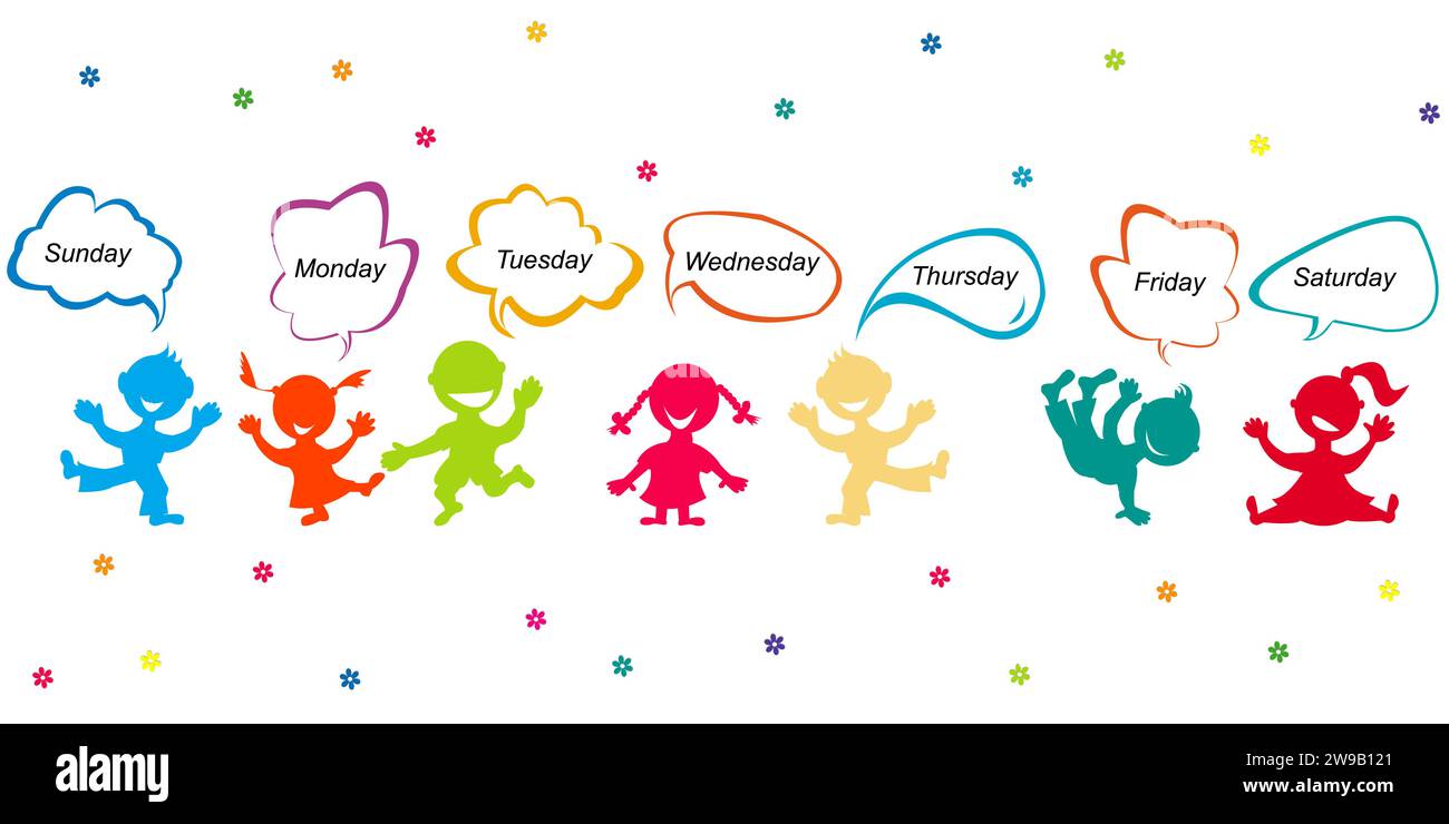 Colorful cartoon kids with days of the week written in chat bubbles ...