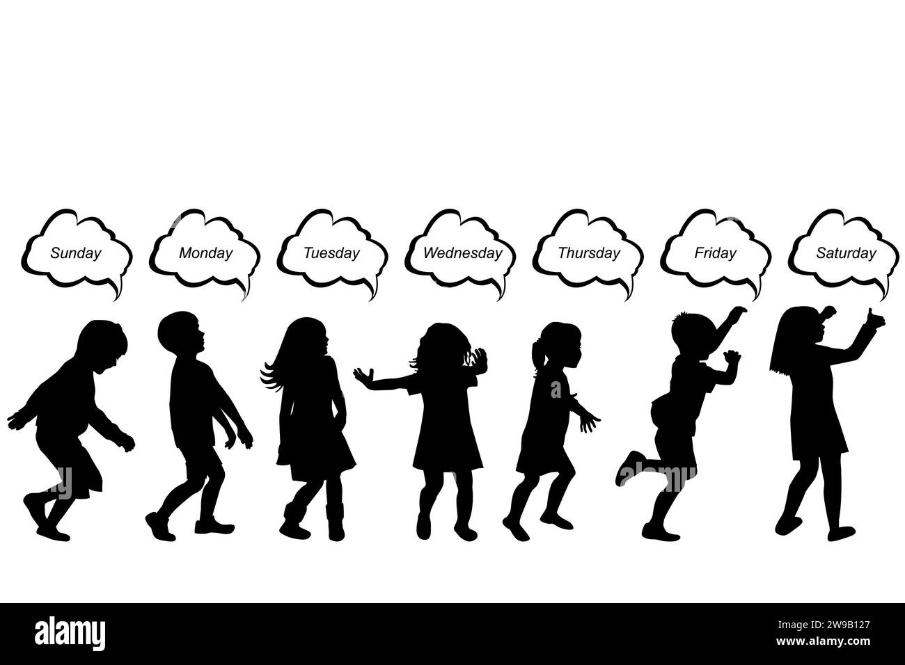 Silhouettes of kids with days of the week written in chat bubbles Stock ...