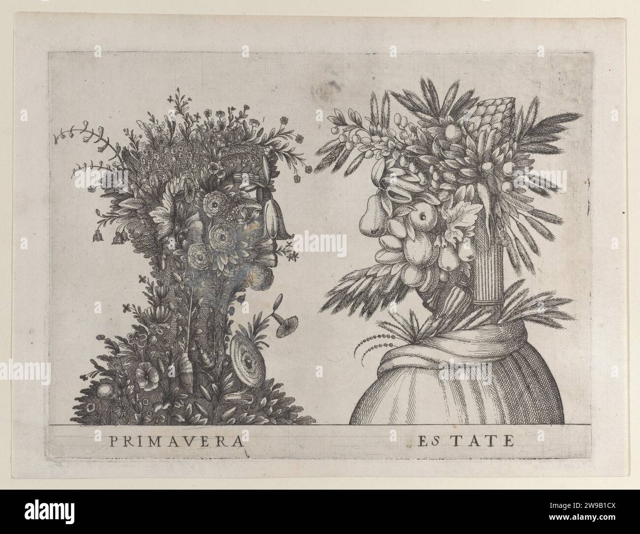 Spring and Summer: two heads made from flora typical of those seasons ...