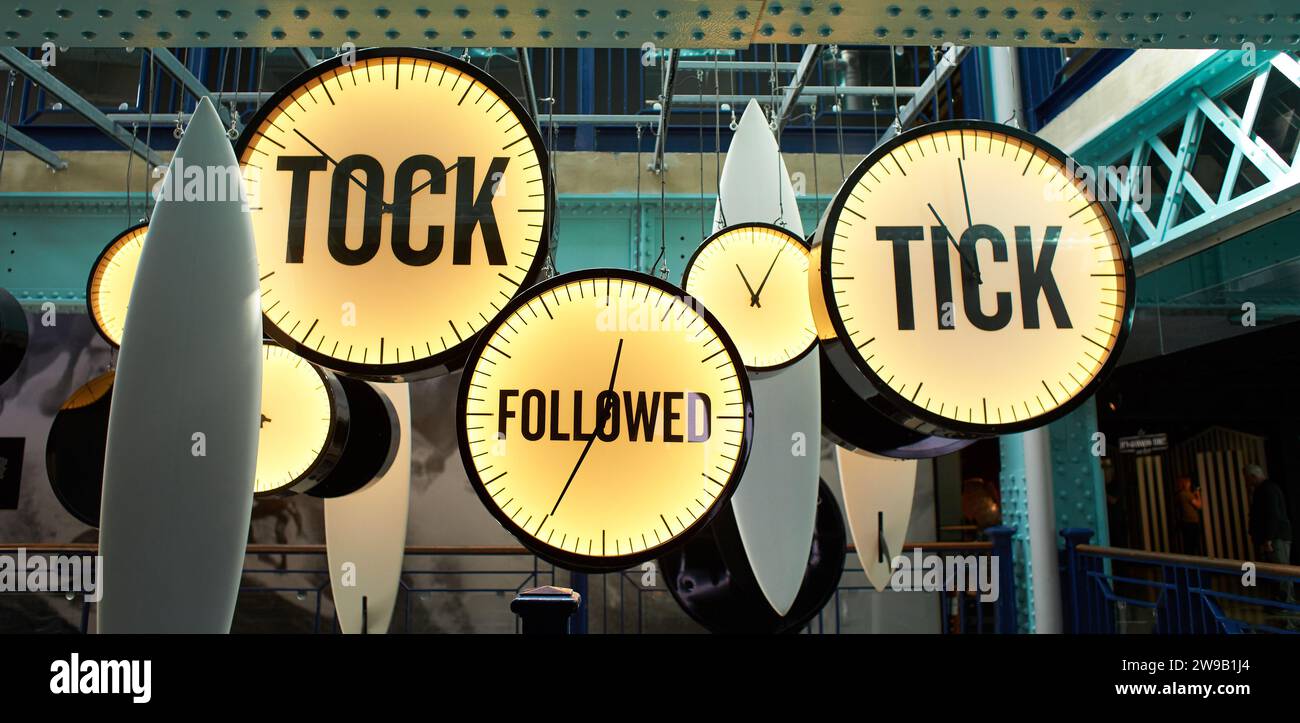 Dublin Ireland - 08 31 2022: Clocks with inscriptions 'tik, tok and ...
