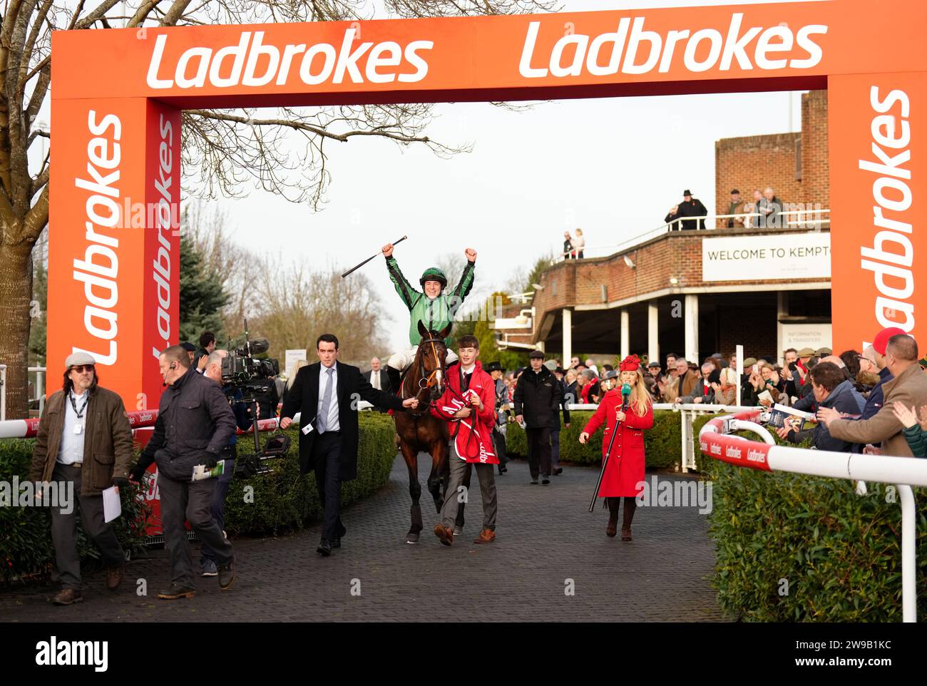 Jockey Gavin Sheehan celebrates winning The Ladbrokes King George VI ...