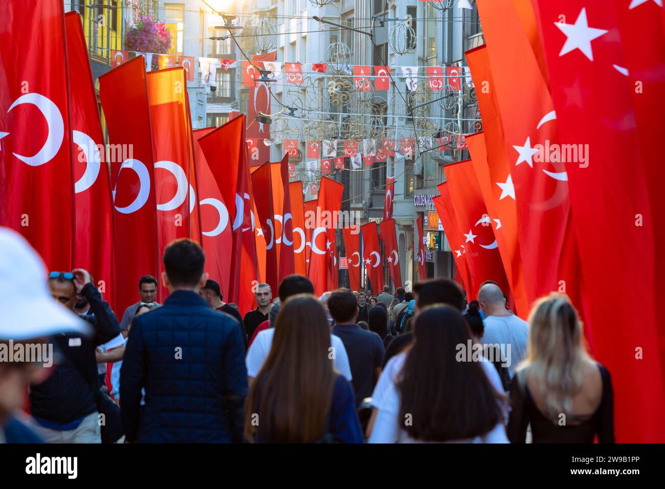 Turkish flags and Turkish people in Istiklal Avenue. National holidays ...
