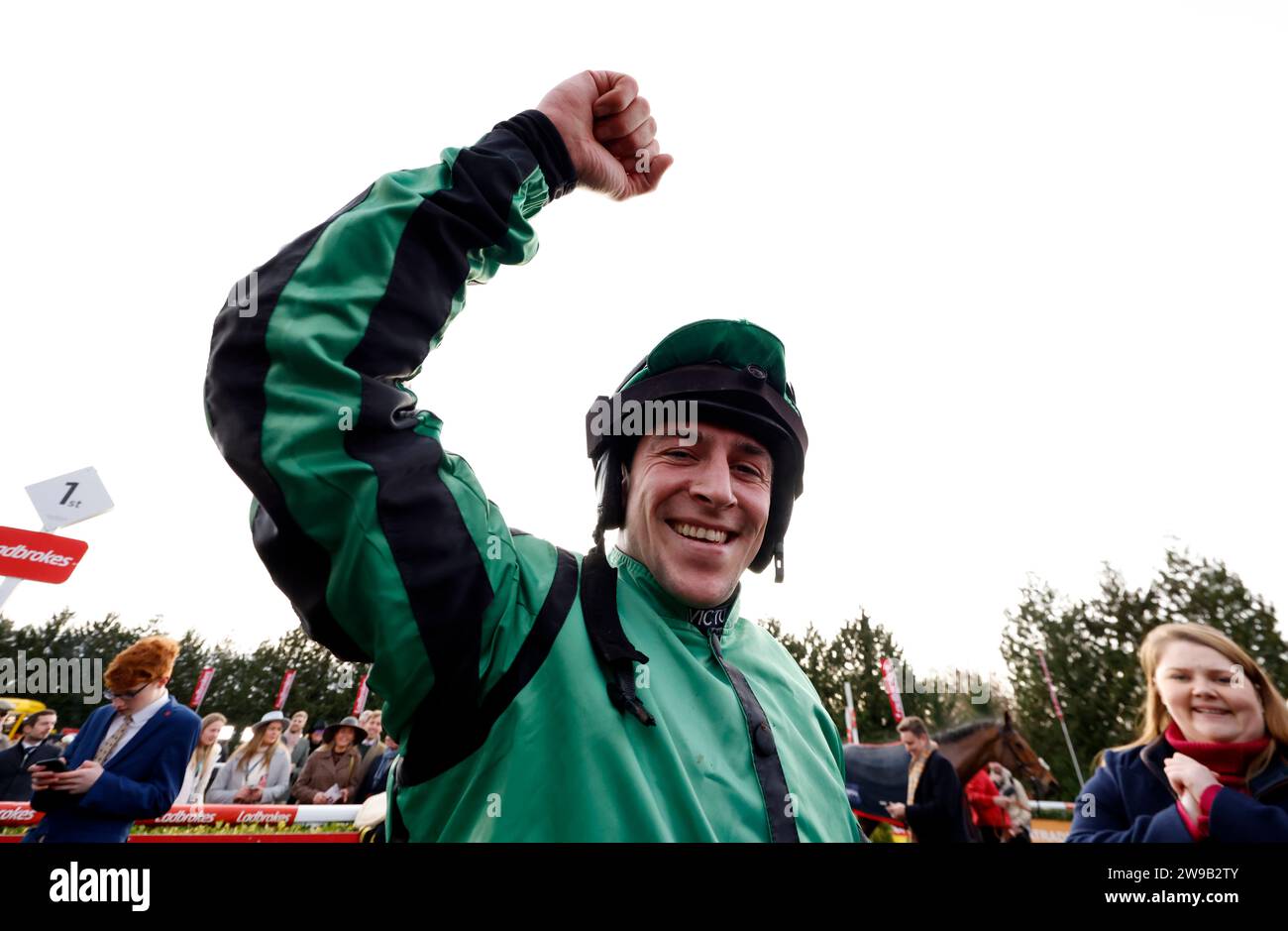Jockey Gavin Sheehan celebrates winning The Ladbrokes King George VI ...