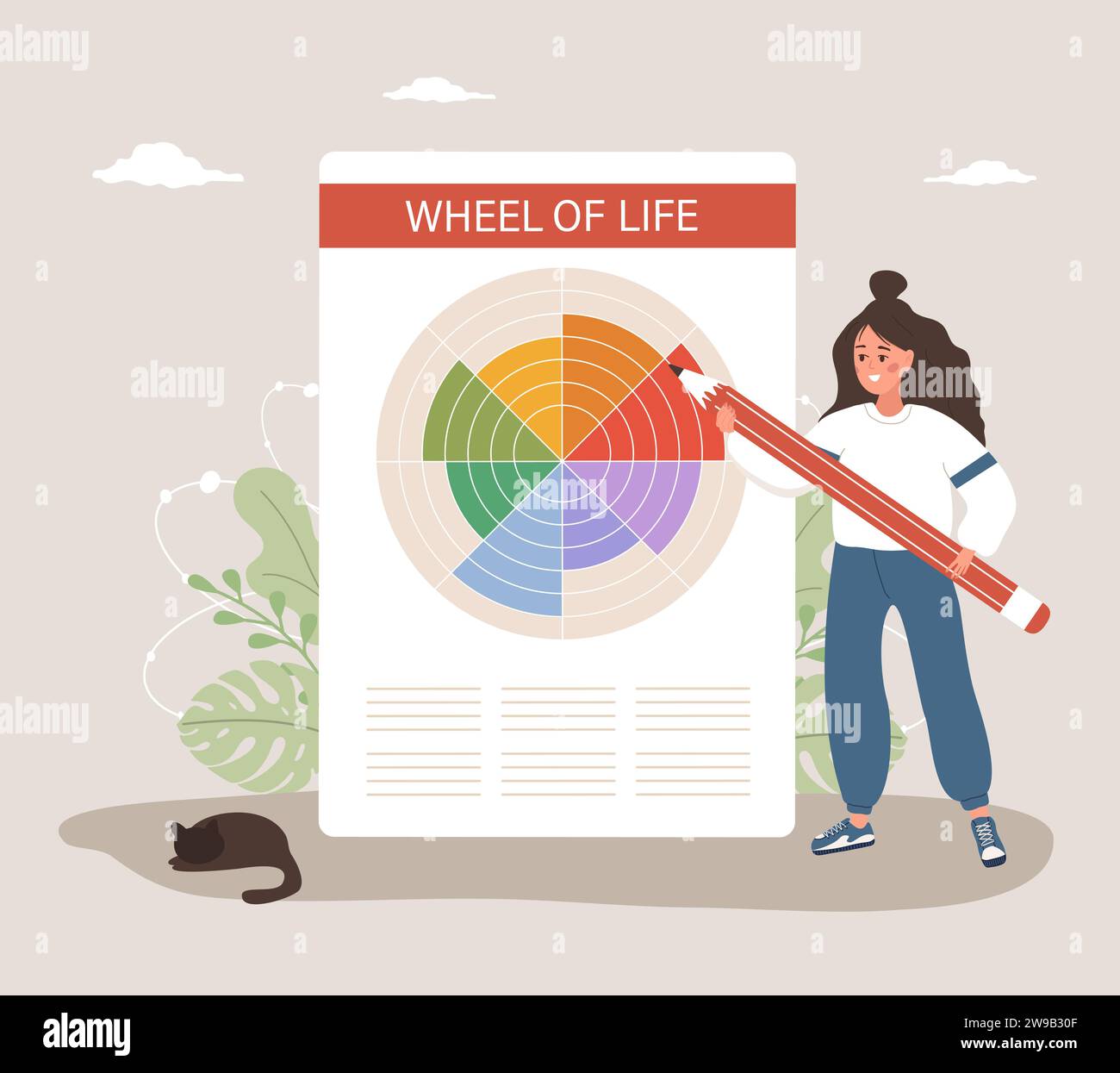 The Wheel of life. Woman analysis her needs. Female character with ...