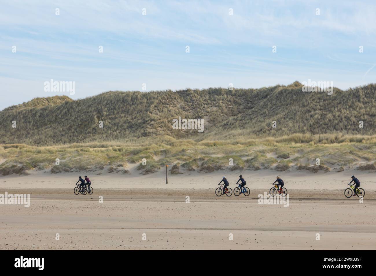 Mountain bikers riding on the beach in front of a dune near to Egmond ...