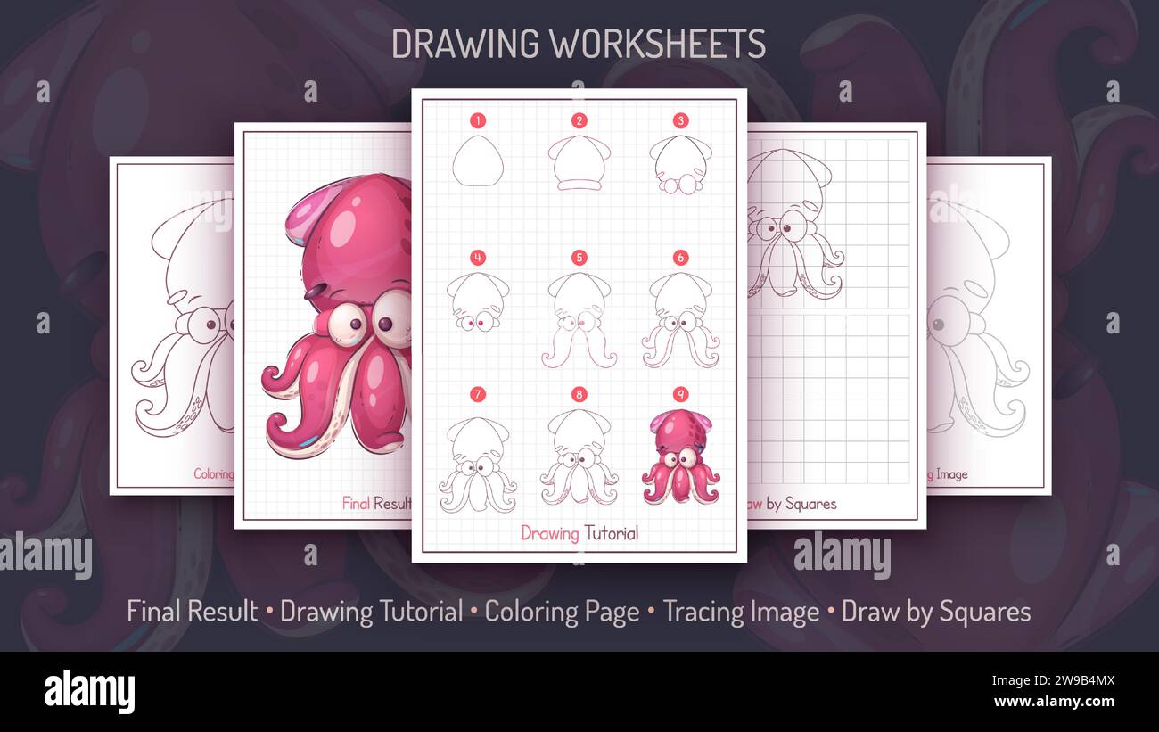How to Draw a Squid. Step by Step Drawing Tutorial. Draw Guide. Simple Instruction. Coloring ...