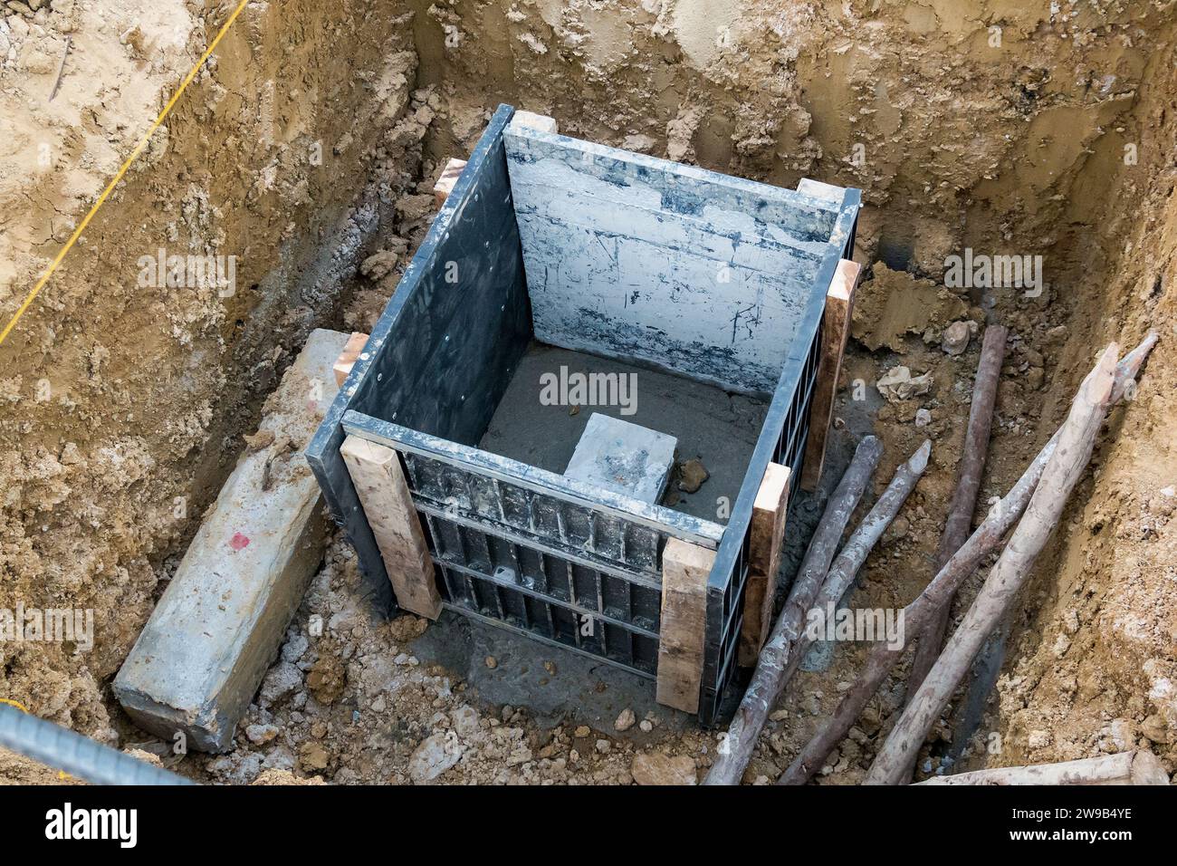 concrete pile in formwork frame for building house construction ...