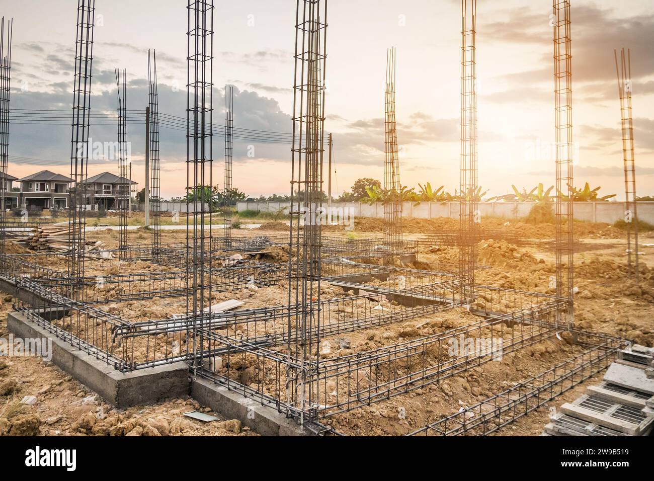 New House building construction site with rebar steel to reinforced ...