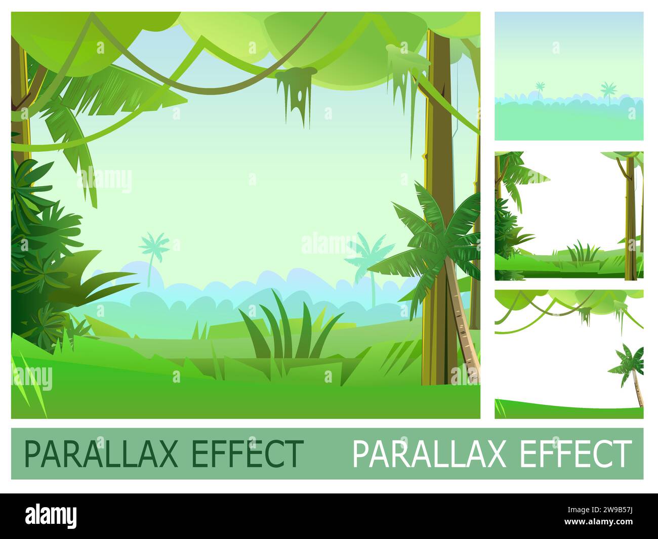 Jungle landscape. Set of slides for parallax effect. Funny cartoon style. Picture vector Stock ...