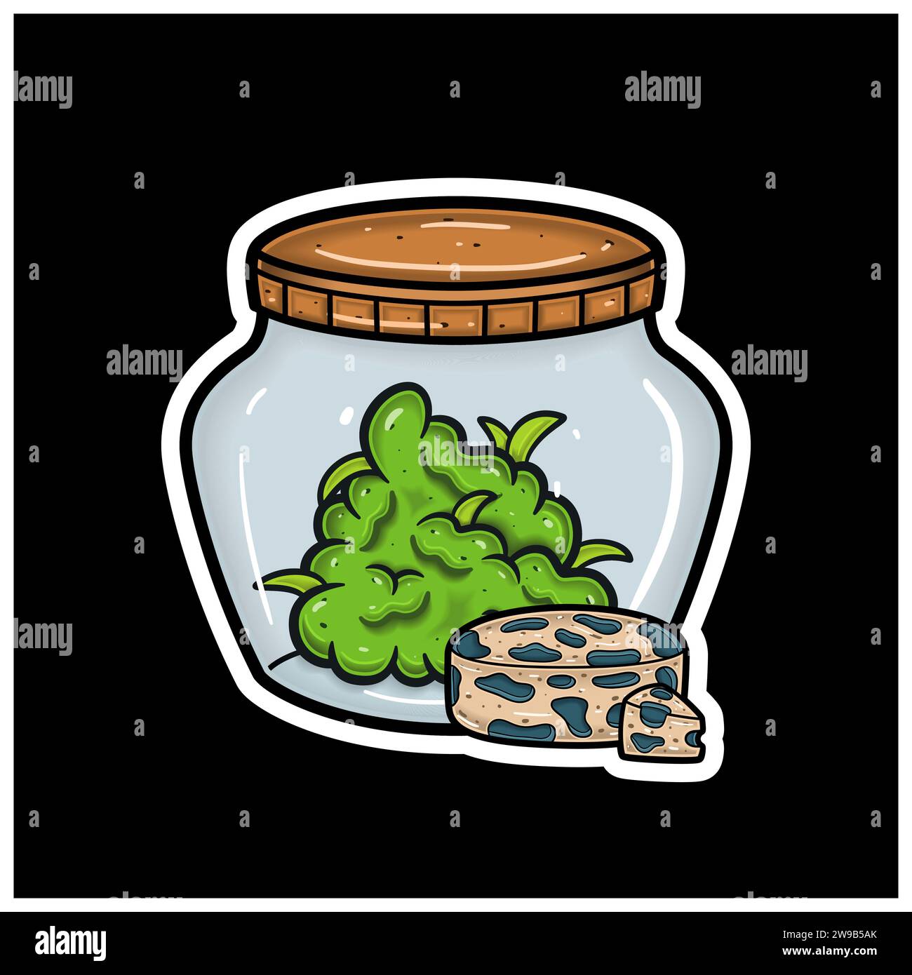 Blue Cheese Fruit Flavor With Cartoon Mascot of Weed Bud On Jar. For ...