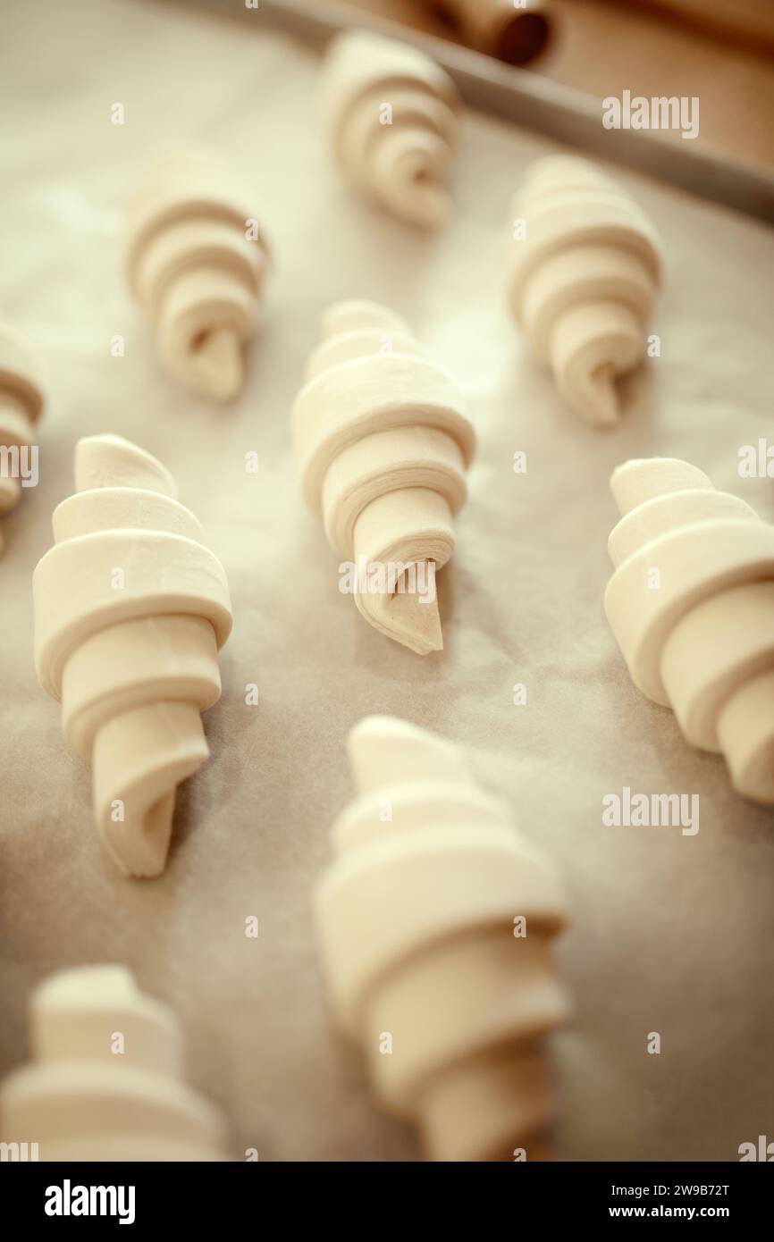 Close up shot, lay out sweet or savory pastries, croissant dough pieces ...
