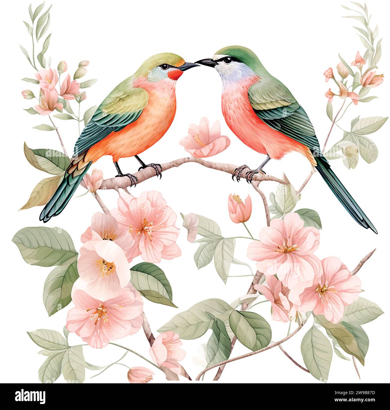 Valentine's Day a couple in love birds watercolor Stock Vector Image ...