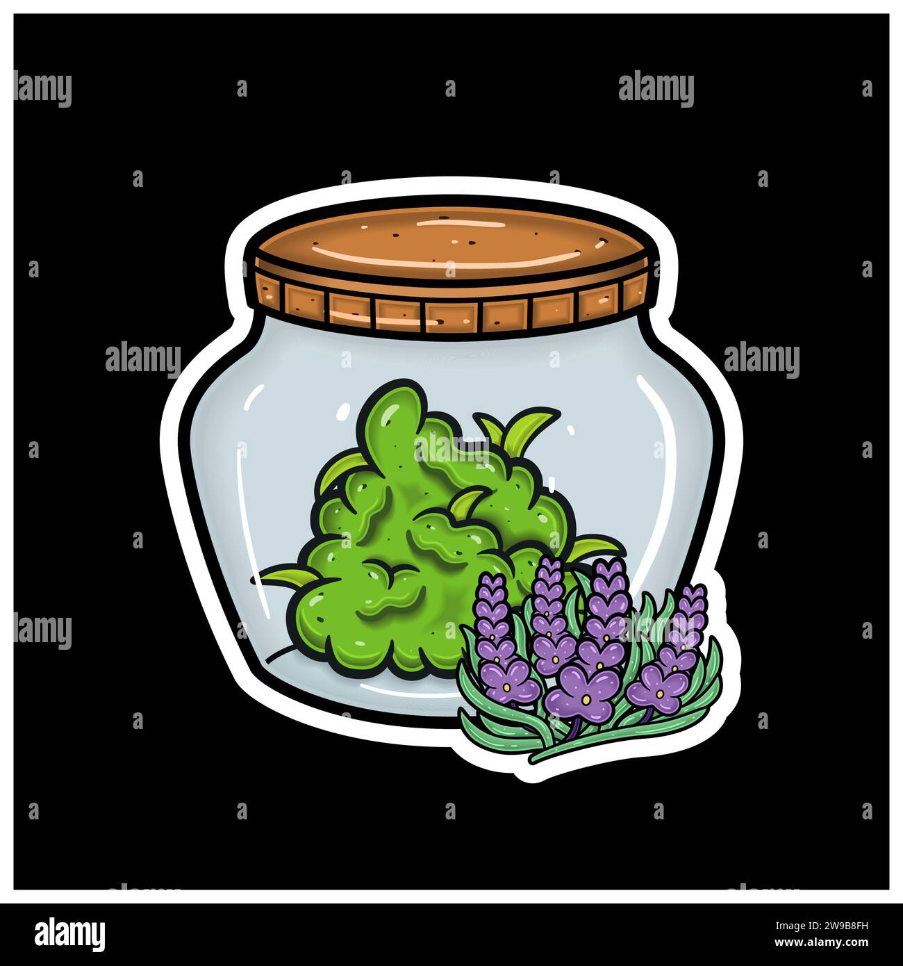 Lavender Flavor With Cartoon Mascot of Weed Bud On Jar. For Sticker and ...