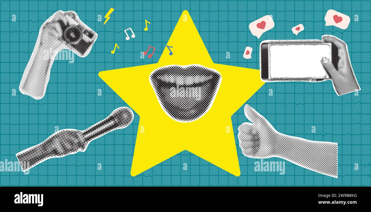 Trendy halftone collage banner. Elements cut out from a magazine, mouth ...