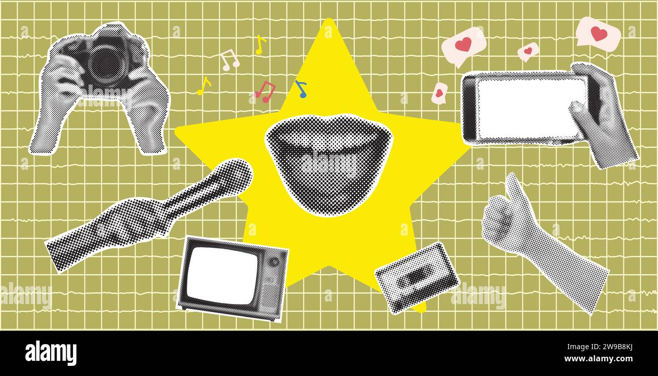 Trendy halftone collage banner. Elements cut out from a magazine, mouth ...