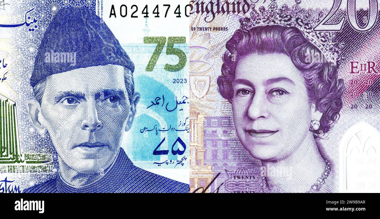 Portraits of Muhammad Ali Jinnah on Pakistani rupees and Queen ...